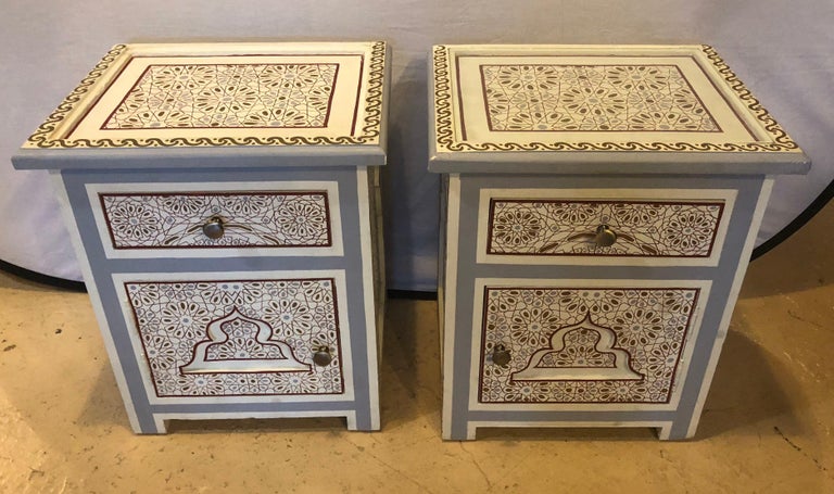 Moroccan Nightstand or End Table Hand Painted White, Blue and Burgundy ...