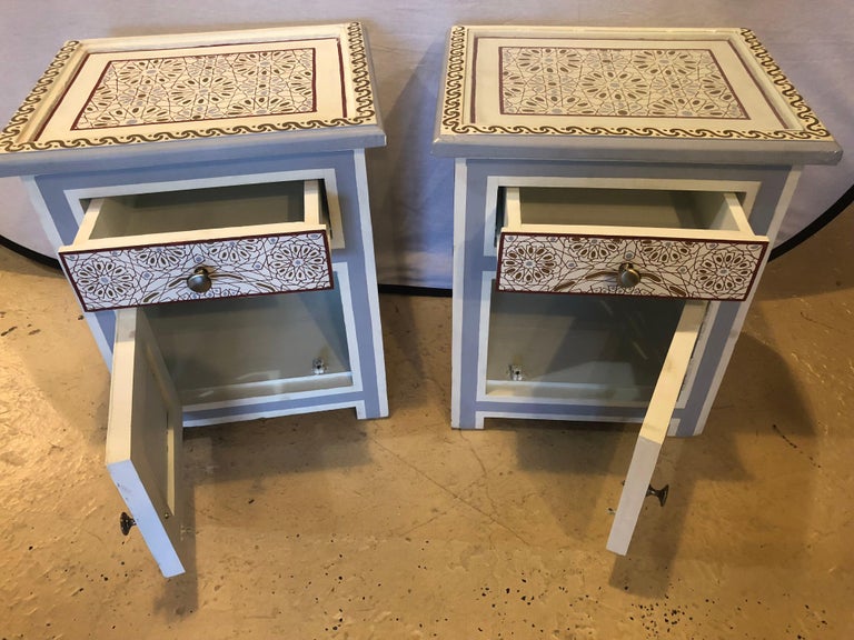 Moroccan Nightstand or End Table Hand Painted White, Blue and Burgundy ...