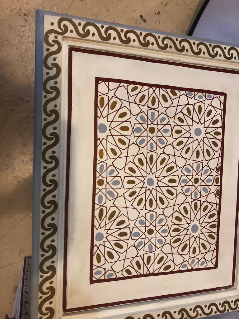 Moroccan Nightstand or End Table Hand Painted White, Blue and Burgundy ...