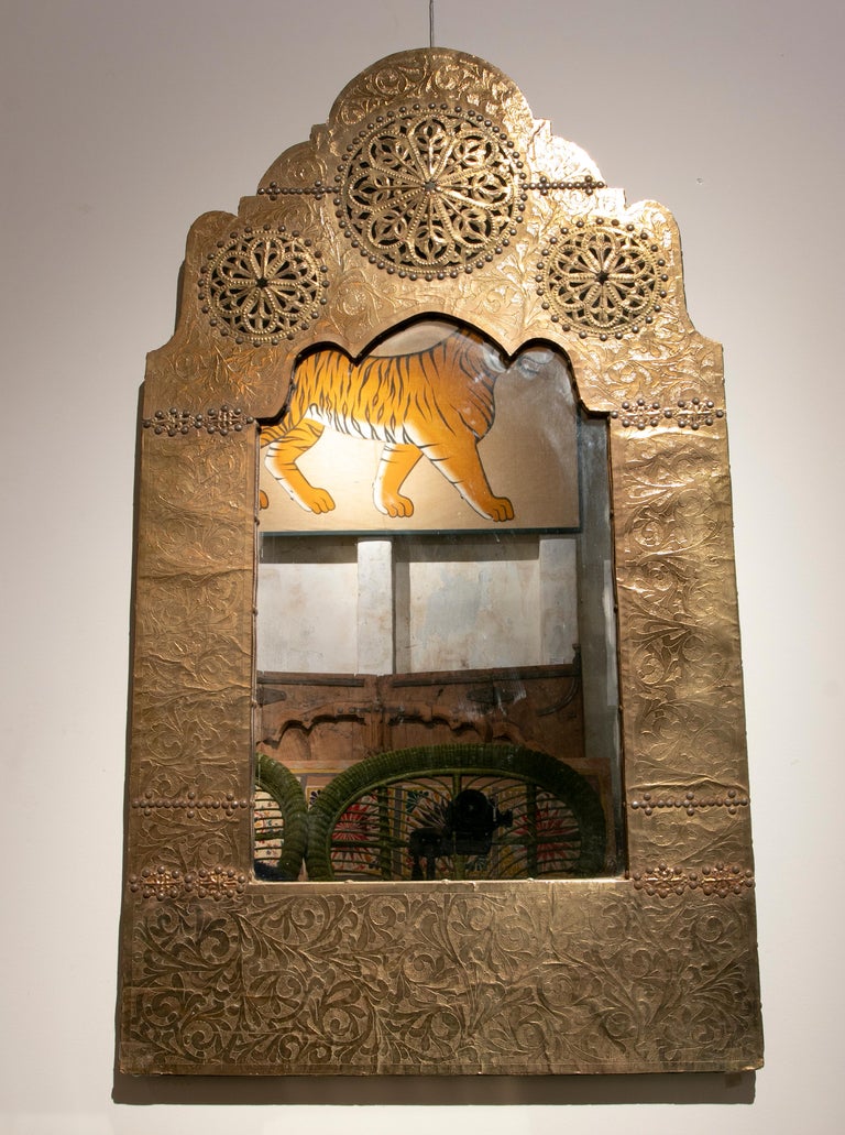 Moroccan Pair of Brass Hand Carved Wall Mirrors For Sale at 1stDibs