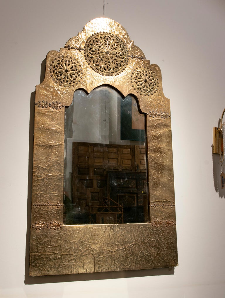 Moroccan Pair of Brass Hand Carved Wall Mirrors For Sale at 1stDibs