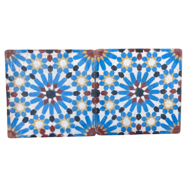 Moroccan Reclaimed Encaustic Cement Tile with Moorish Fez Design Set of ...