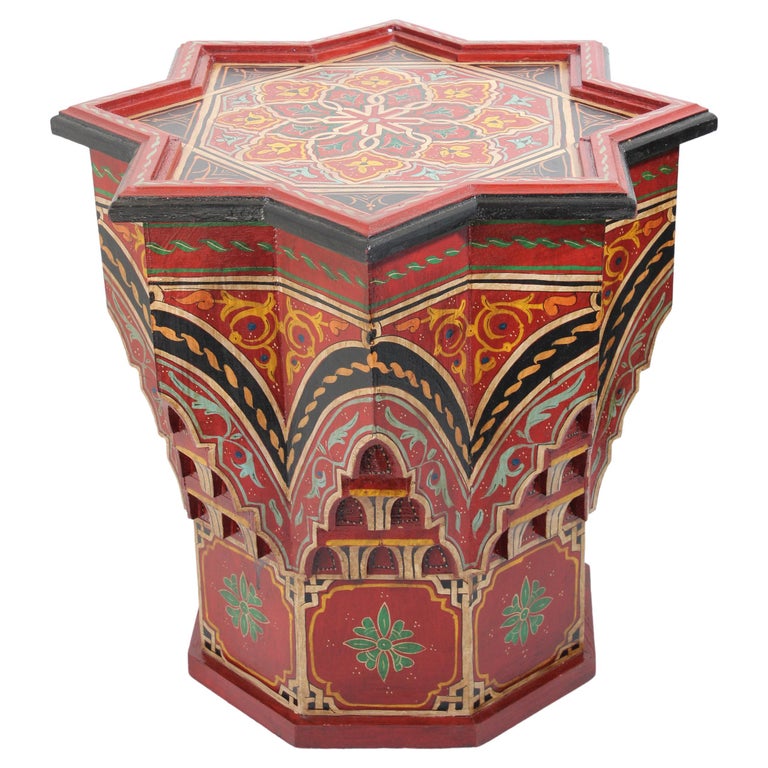 Moroccan Side Table Hand Painted with Red Moorish Design at 1stDibs