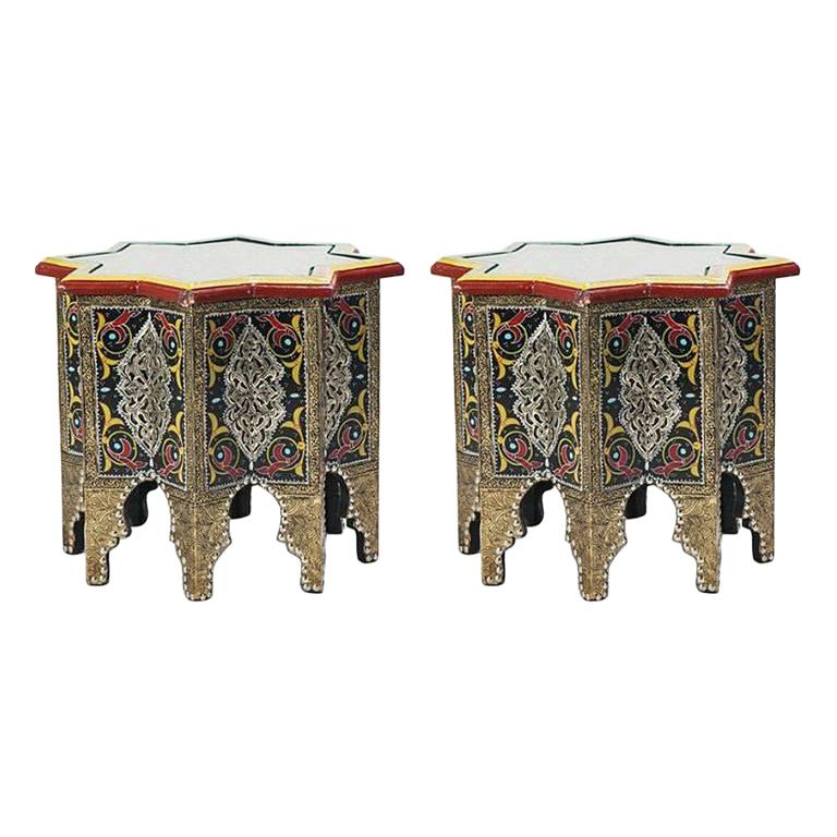 Moroccan Side or End Tables Hand Printed with Brass Inlay in Black, a ...