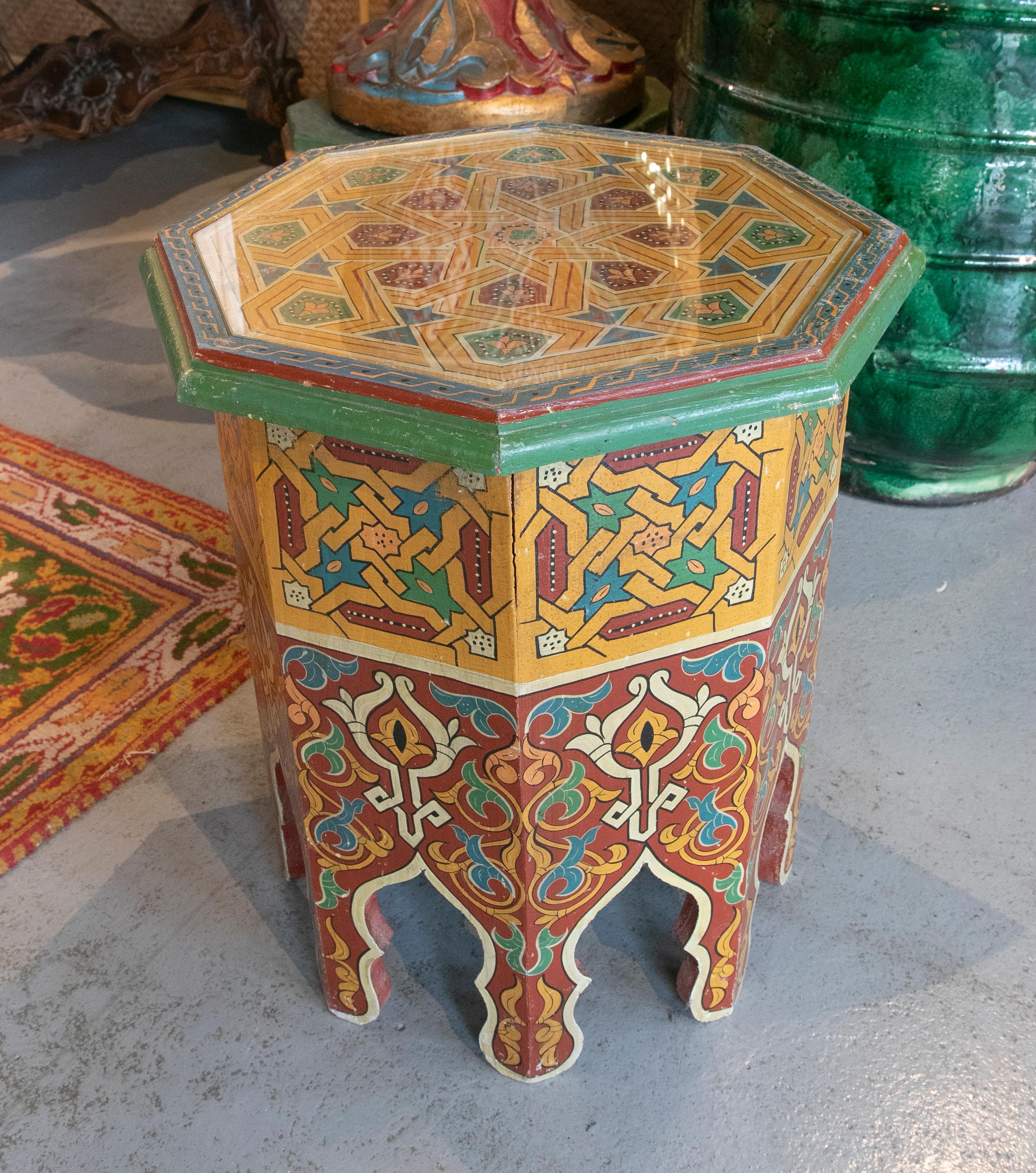 Moroccan Side Table in Carved and Hand Painted Wood For Sale at 1stDibs