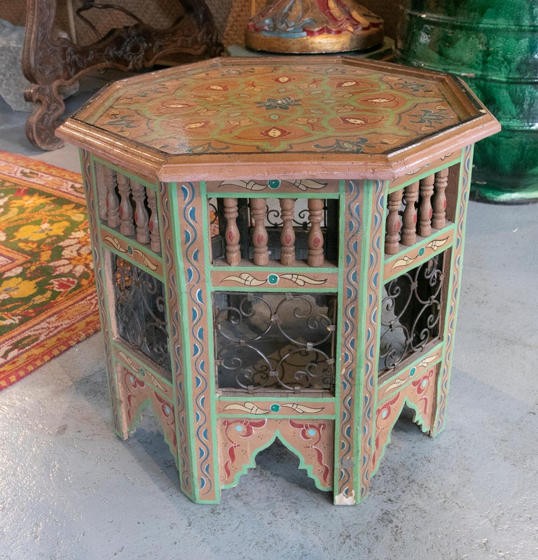 Moroccan Side Table in Carved and Hand Painted Wood at 1stDibs