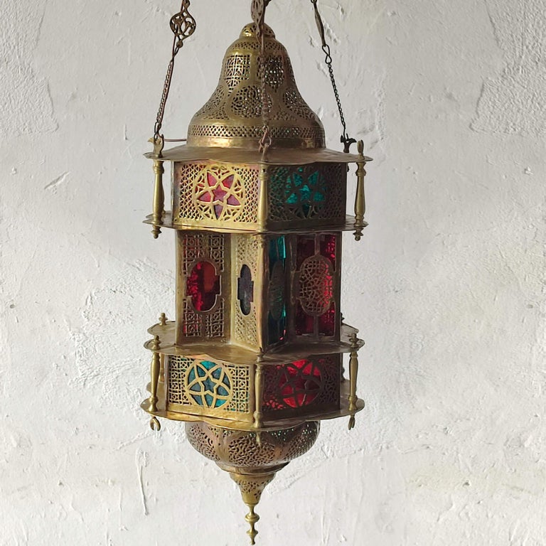 Moroccan Vintage Moorish Pierced Brass Hanging Lamp For Sale at 1stDibs
