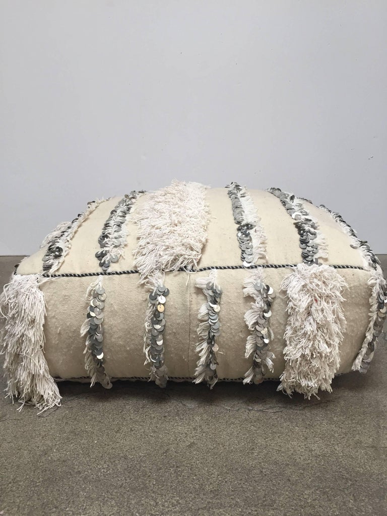 Moroccan Wedding Floor Pillow Pouf with Silver Sequins and Long Fringes ...