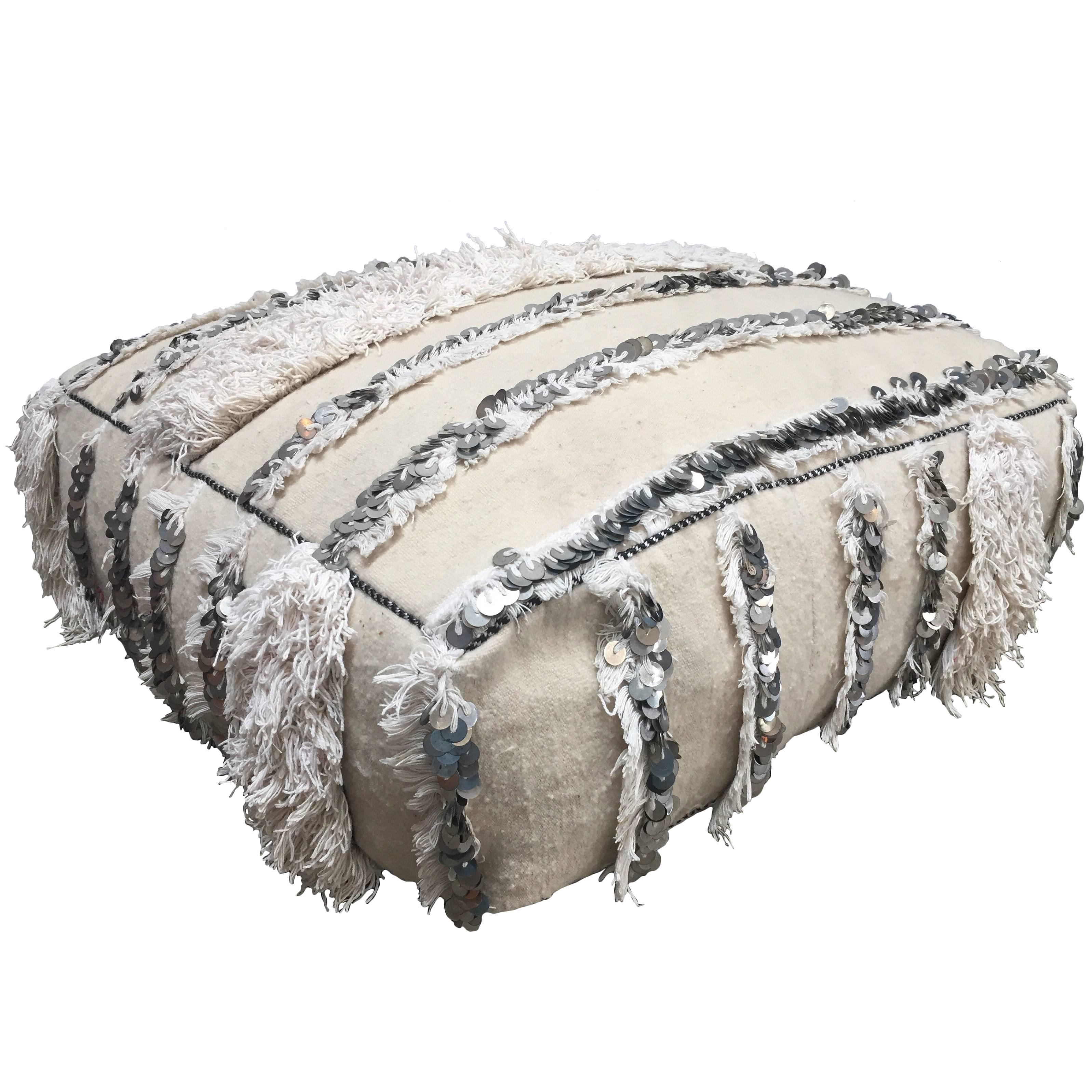 Moroccan Wedding Floor Pillow Pouf with Silver Sequins and Long Fringes ...