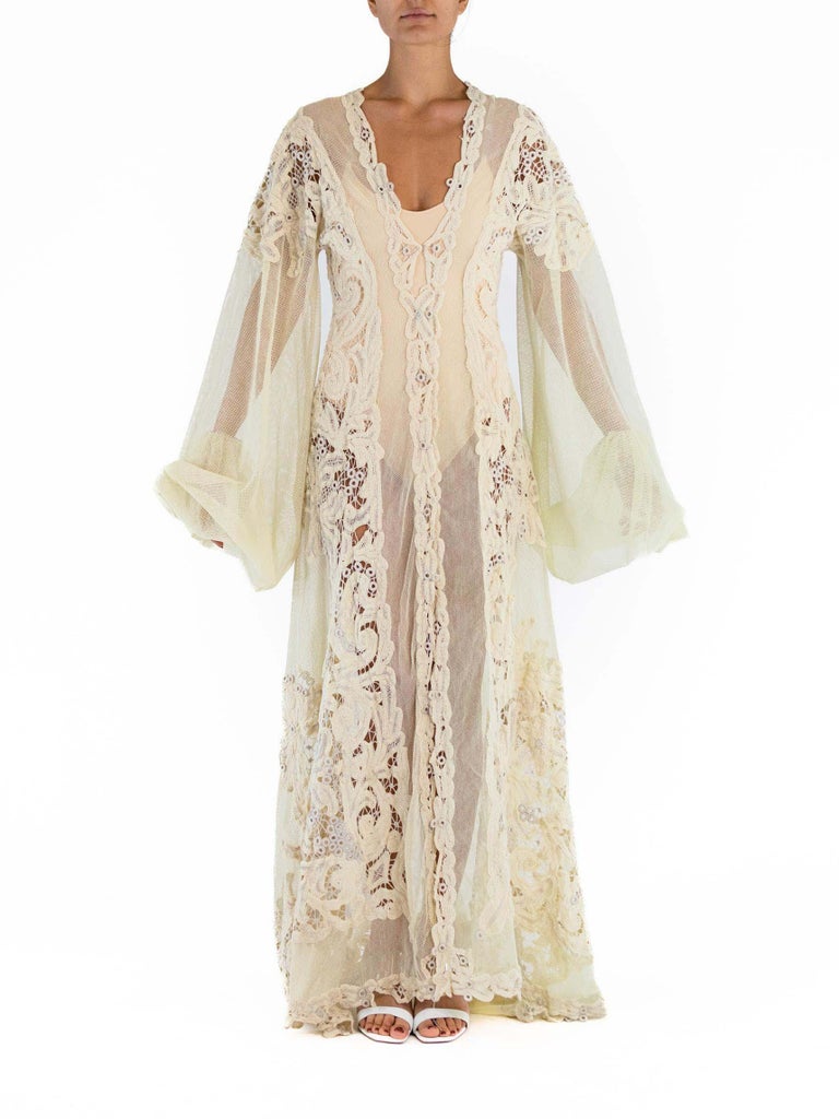 MORPHEW ATELIER Cream Cotton Net and Handmade Victorian Tape Lace Gown ...