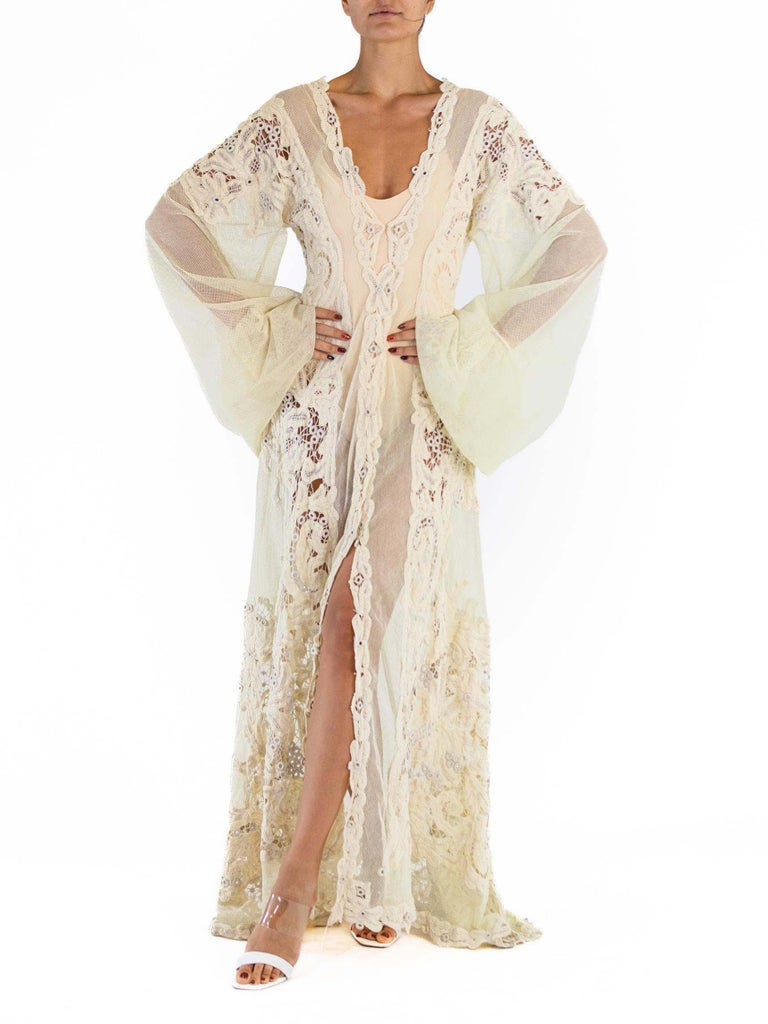 MORPHEW ATELIER Cream Cotton Net and Handmade Victorian Tape Lace Gown ...