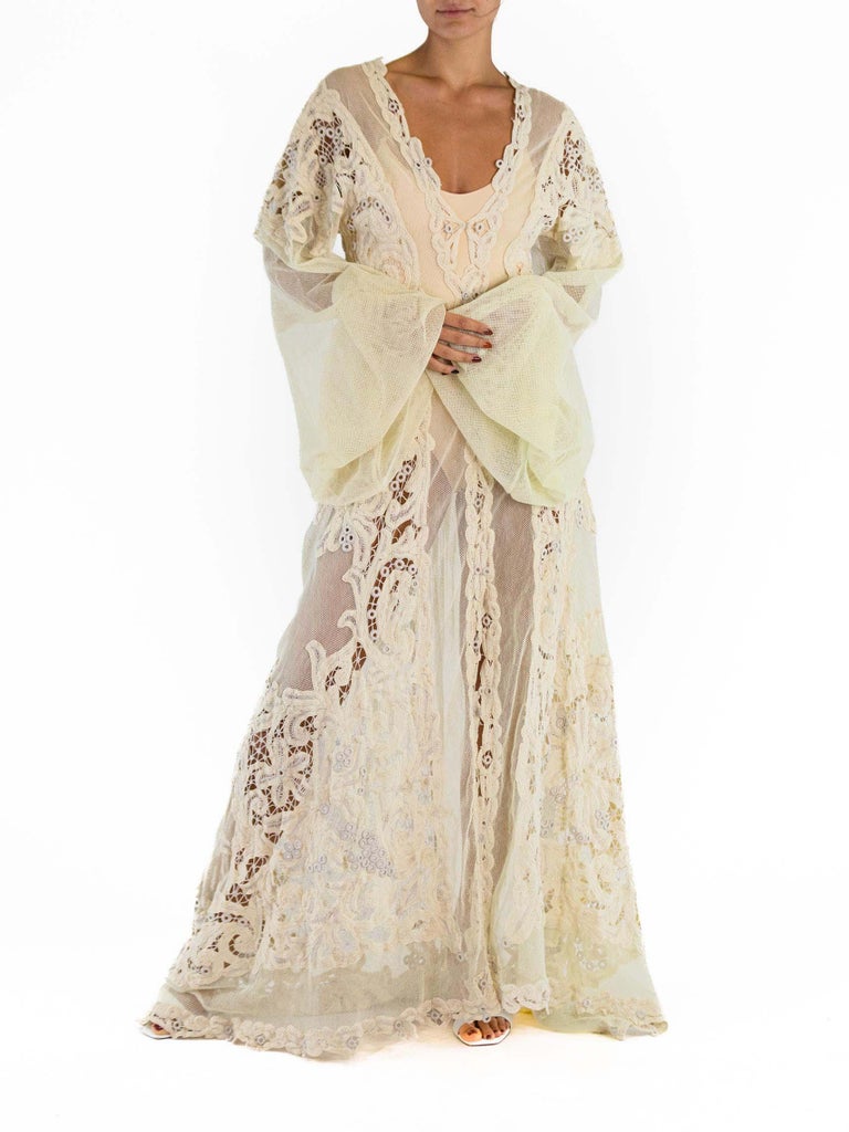 MORPHEW ATELIER Cream Cotton Net and Handmade Victorian Tape Lace Gown ...