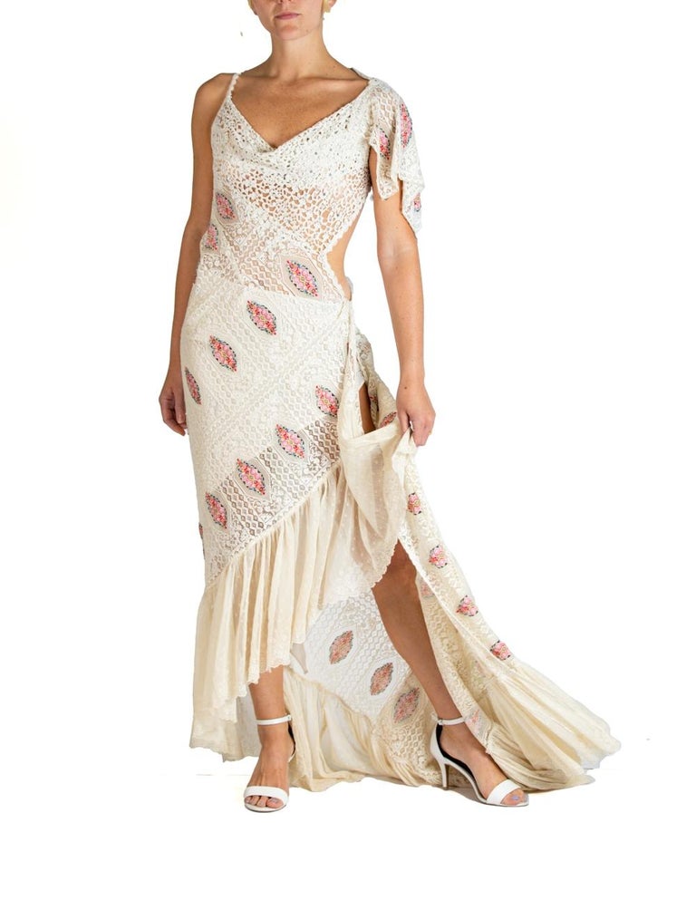 MORPHEW ATELIER Cream Cotton / Rayon 1930'S Lace Gown With Slit and ...