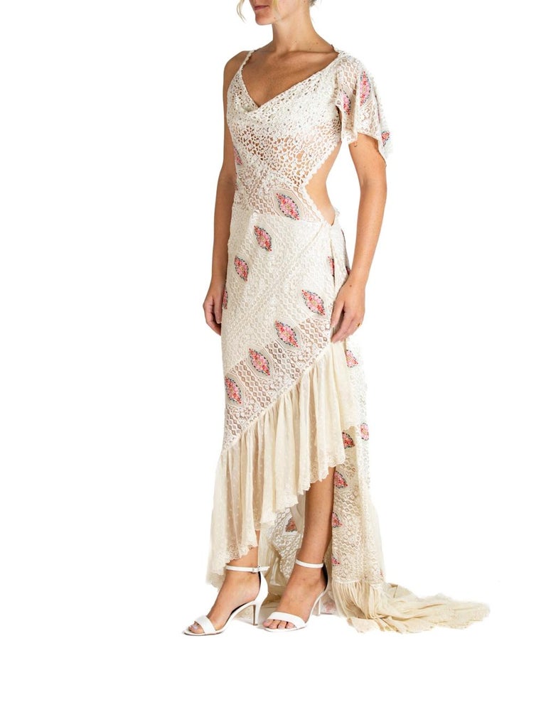 MORPHEW ATELIER Cream Cotton / Rayon 1930'S Lace Gown With Slit and ...