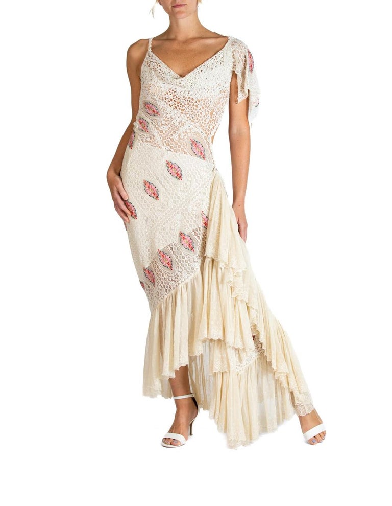 MORPHEW ATELIER Cream Cotton / Rayon 1930'S Lace Gown With Slit and ...
