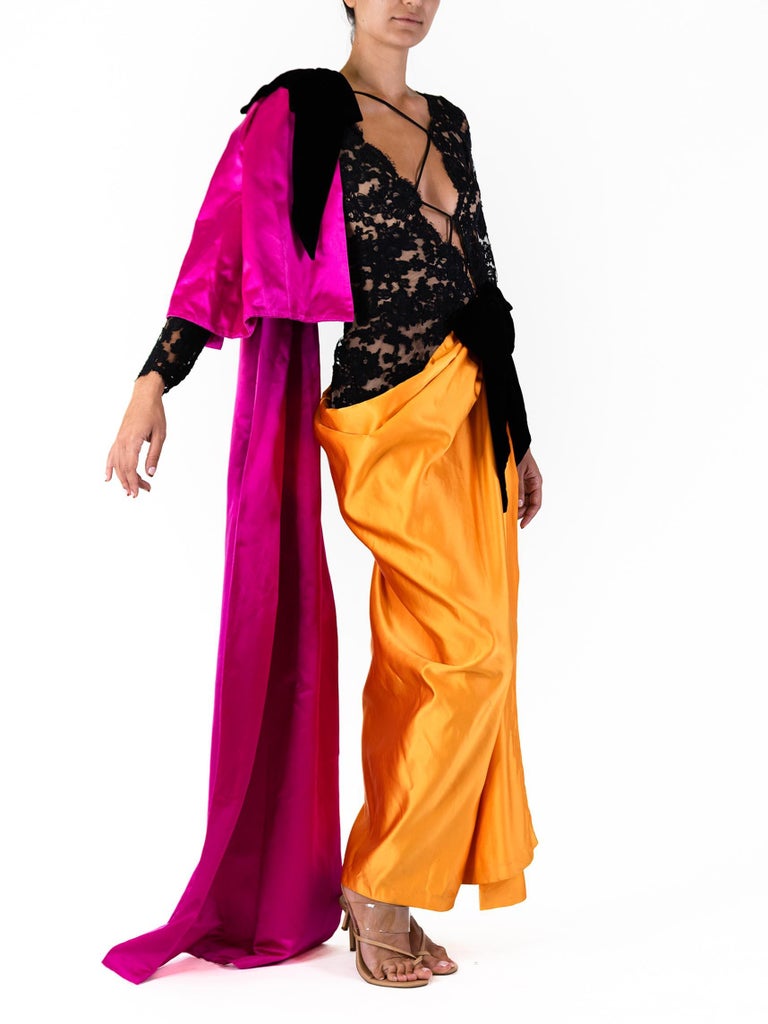 MORPHEW ATELIER Golden Yellow and Pink Silk Duchess Satin French Lace ...