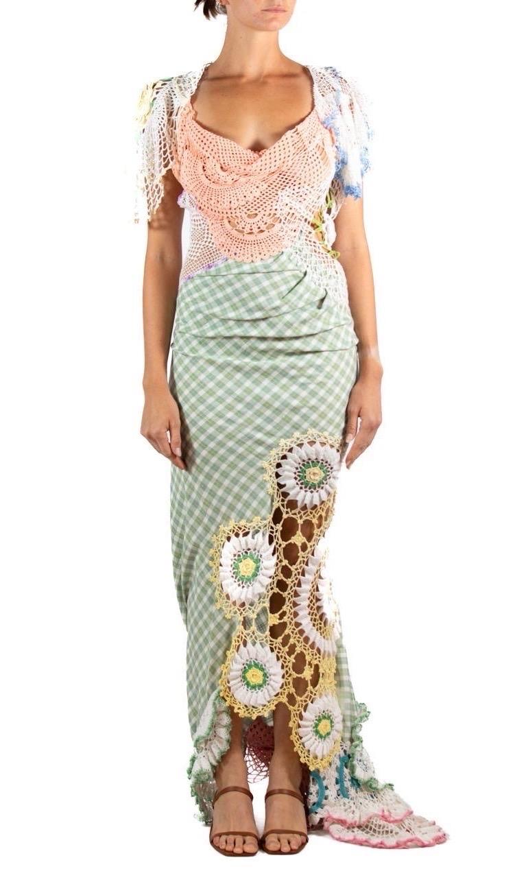 Morphew Atelier Mint Green Bias Cut Cotton Gingham and Crochet Lace Gown For Sale at 1stDibs