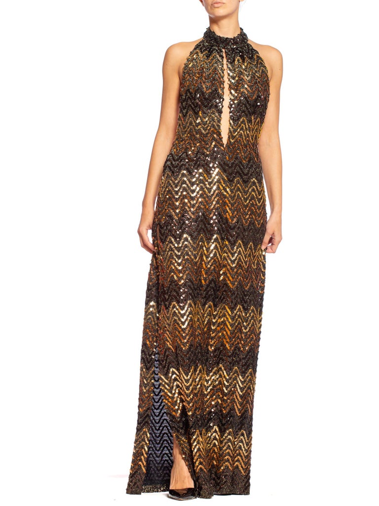 MORPHEW COLLECTION Copper and Gold Backless Disco Gown With Slit Made ...