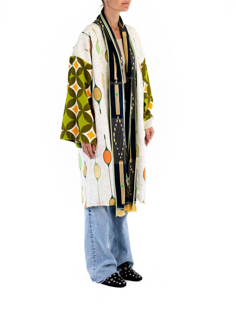 MORPHEW COLLECTION Cream and Green Cotton Tear Drop Design Beach Coat ...