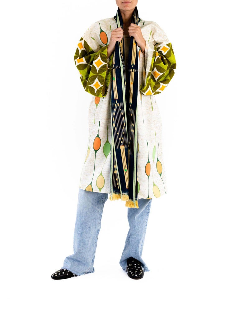 MORPHEW COLLECTION Cream and Green Cotton Tear Drop Design Beach Coat ...