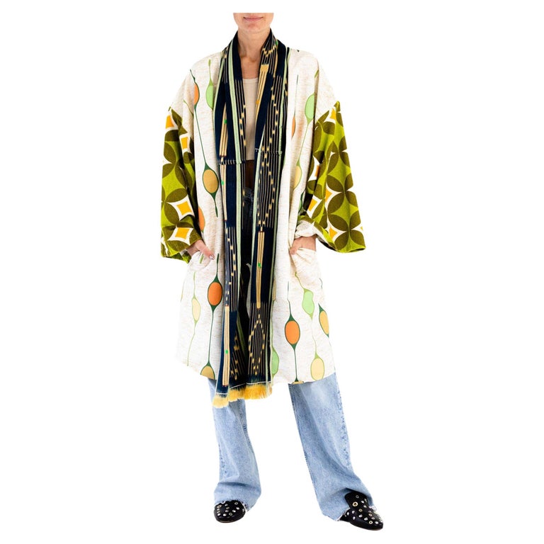 MORPHEW COLLECTION Cream and Green Cotton Tear Drop Design Beach Coat ...