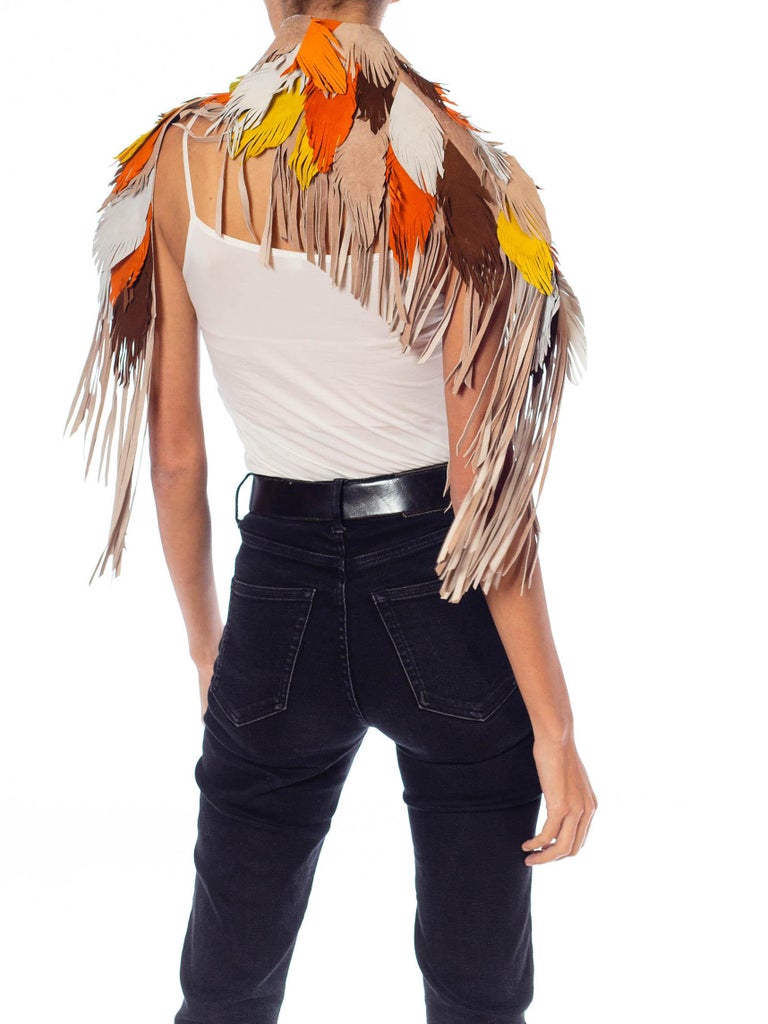 MORPHEW COLLECTION Phoenix Sunset Suede Fringe Feather Leather Cape For ...