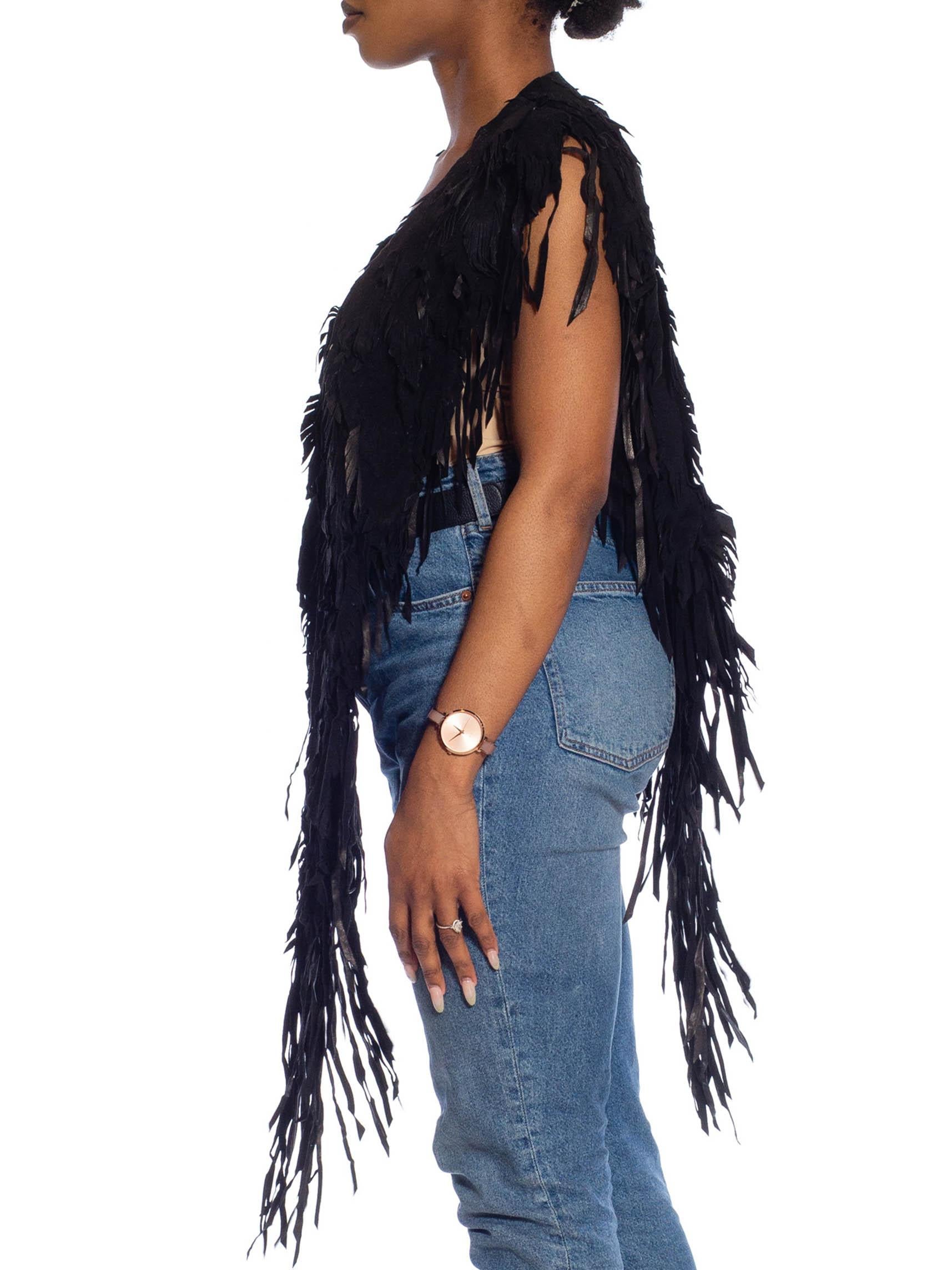 MORPHEW COLLECTION Raven Black Suede Fringe Feather Leather Long Cape ...