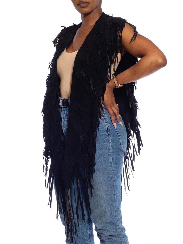 MORPHEW COLLECTION Raven Black Suede Fringe Feather Leather Long Cape ...