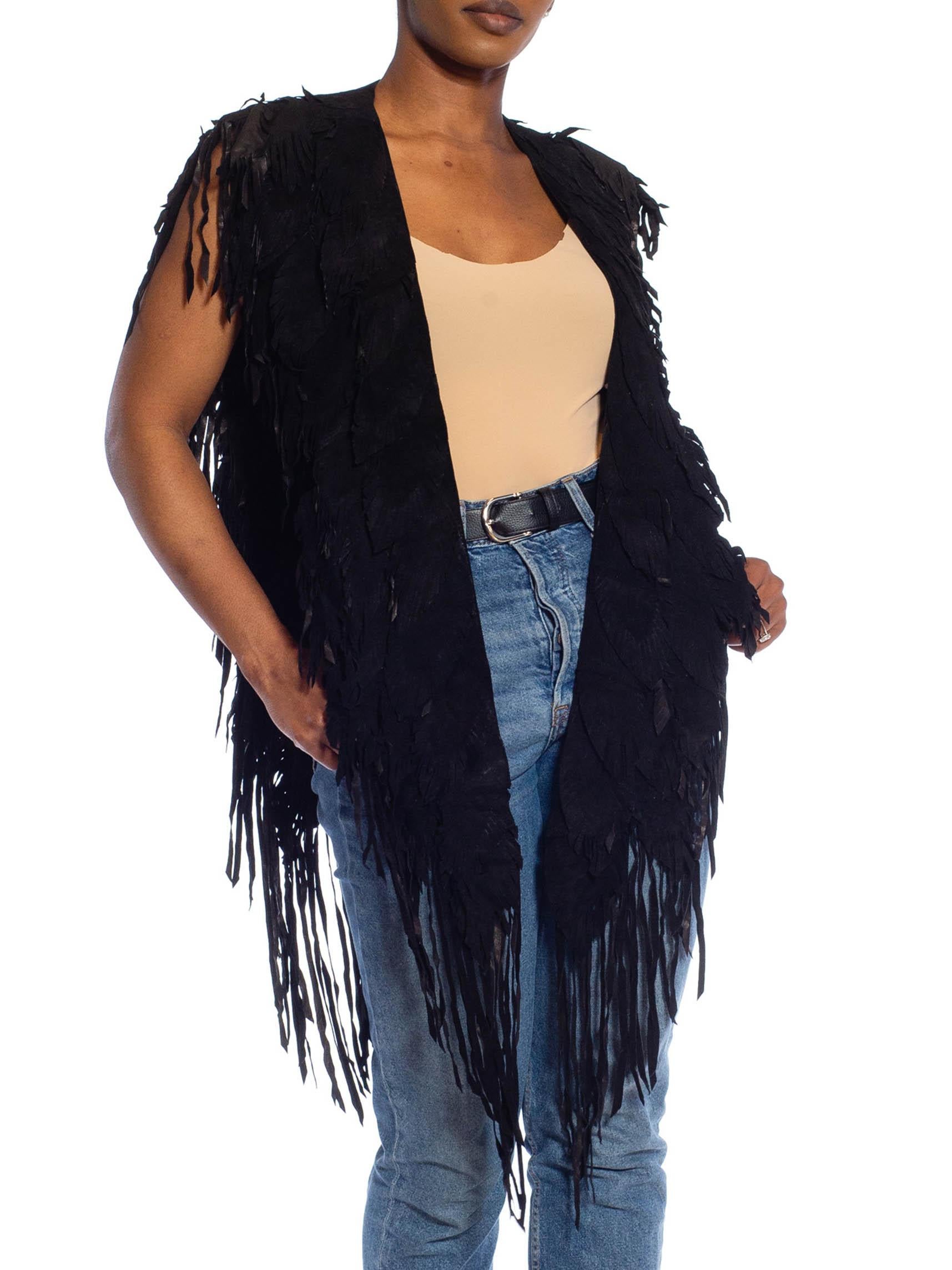 MORPHEW COLLECTION Raven Black Suede Fringe Feather Leather Long Cape ...