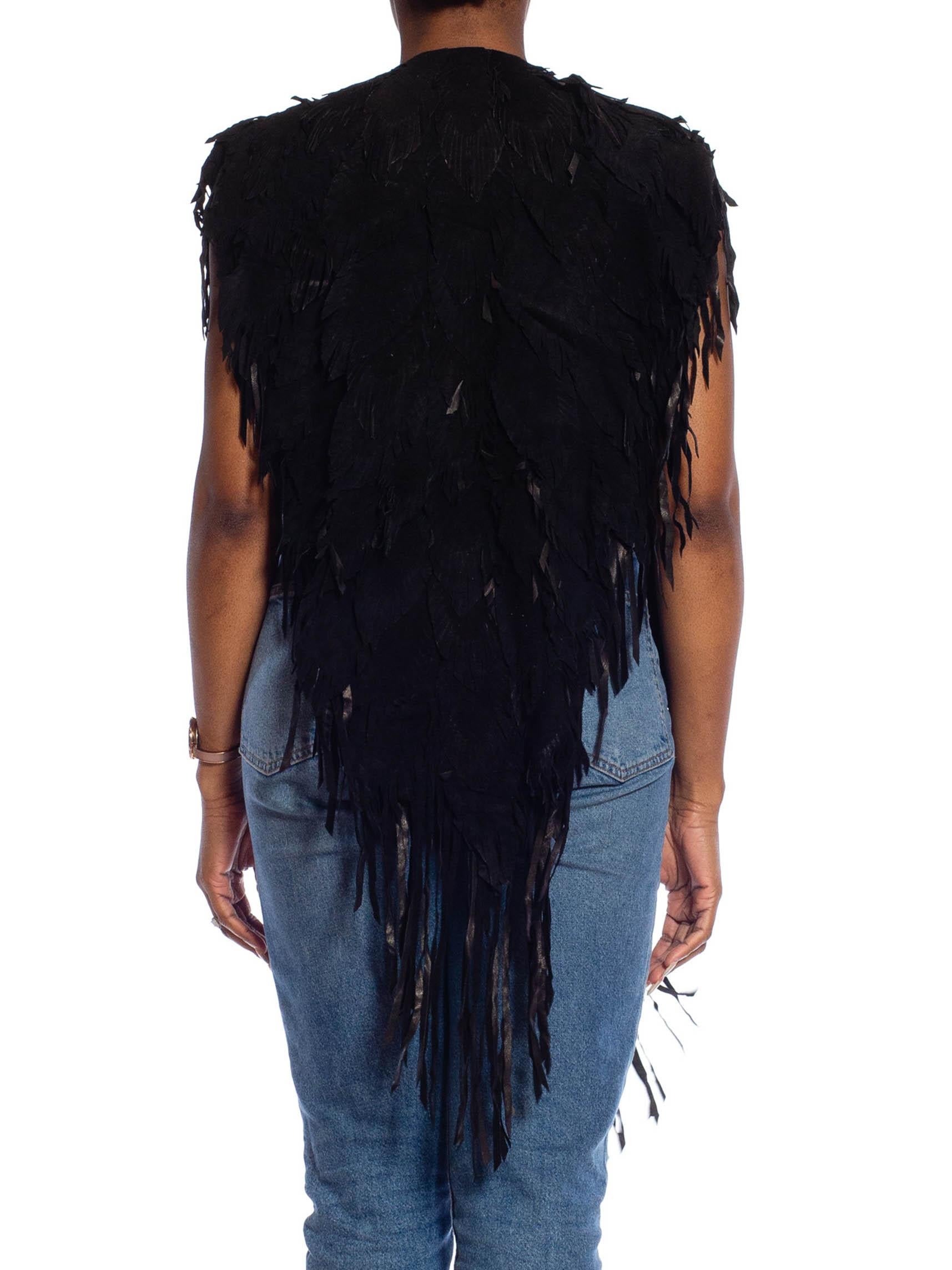 MORPHEW COLLECTION Raven Black Suede Fringe Feather Leather Long Cape ...