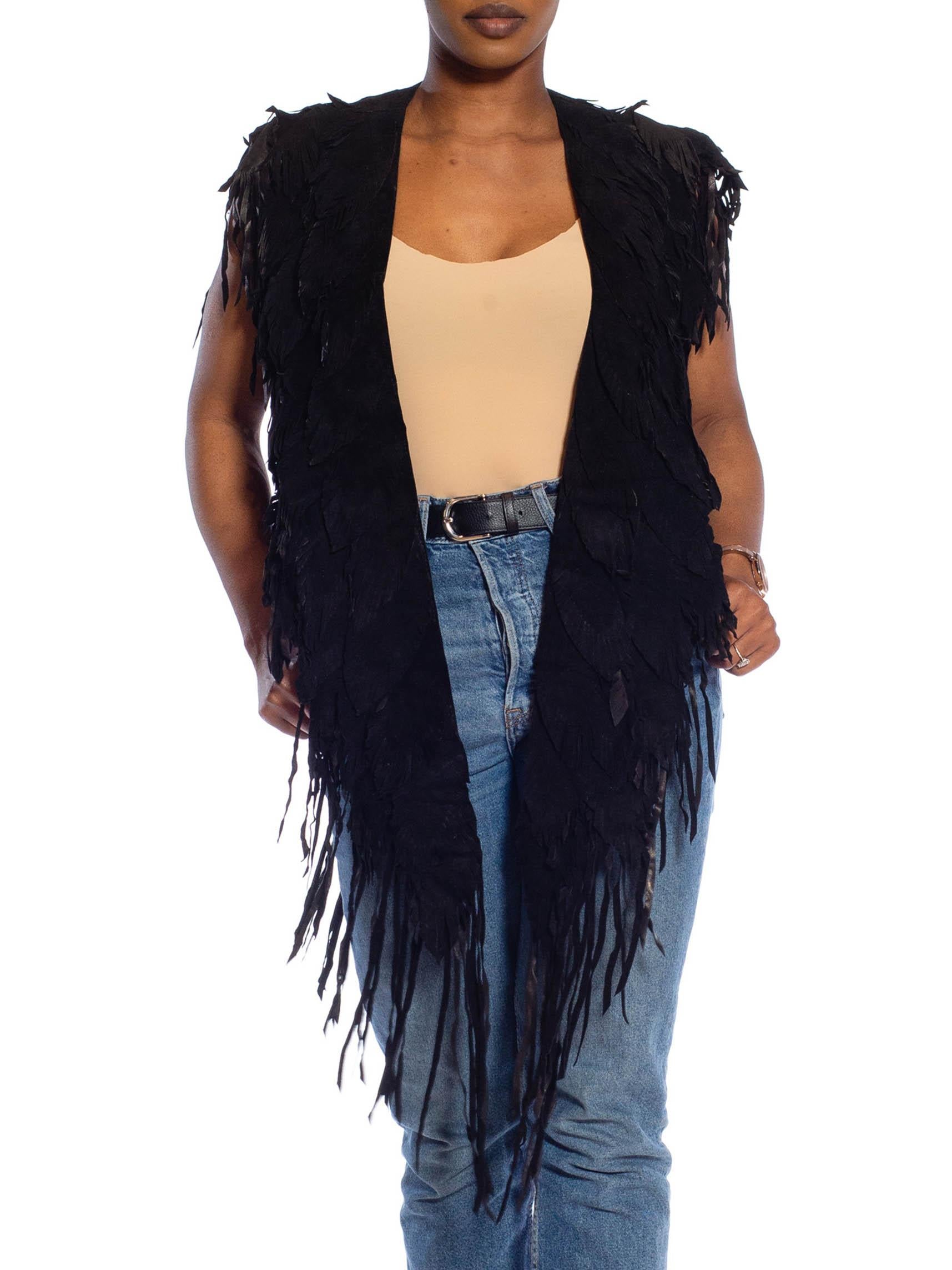 MORPHEW COLLECTION Raven Black Suede Fringe Feather Leather Long Cape ...