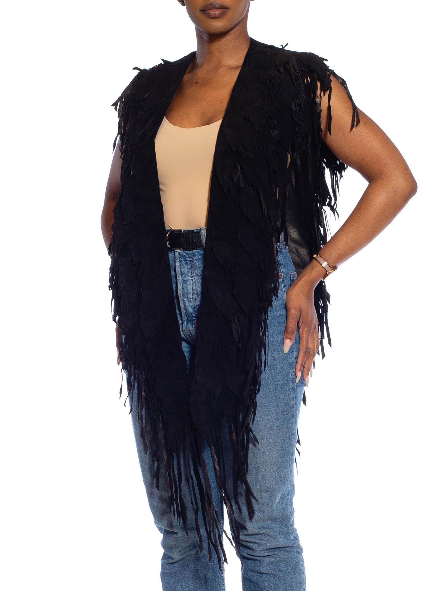 MORPHEW COLLECTION Raven Black Suede Fringe Feather Leather Long Cape ...
