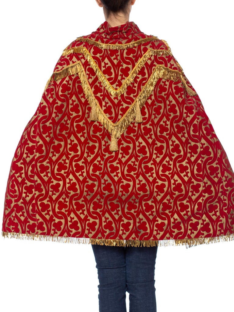 MORPHEW COLLECTION Red Metallic Printed Velvet Silk Lined Cape With ...