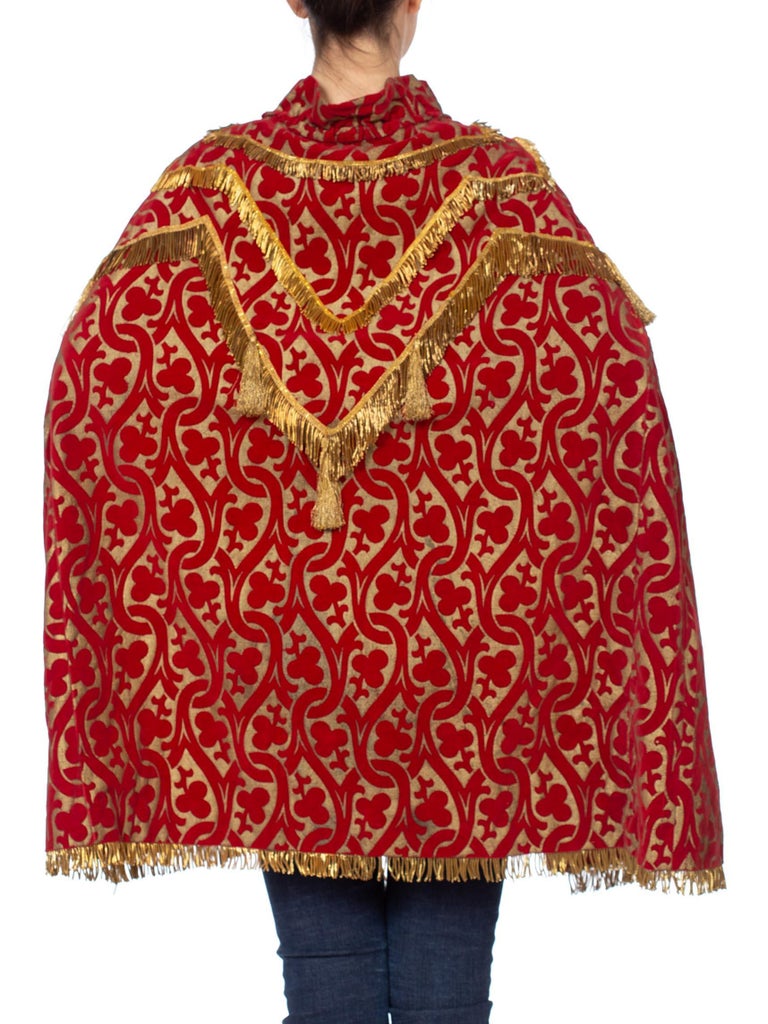 MORPHEW COLLECTION Red Metallic Printed Velvet Silk Lined Cape With ...