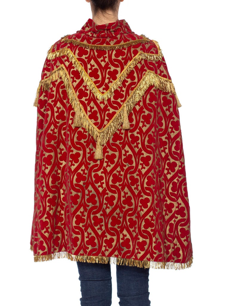 MORPHEW COLLECTION Red Metallic Printed Velvet Silk Lined Cape With ...