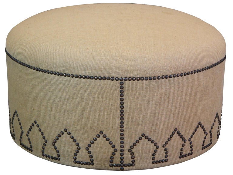 Morrocan Style Round Modern Burlap Nailhead Ottoman Foot Rest Stool ...