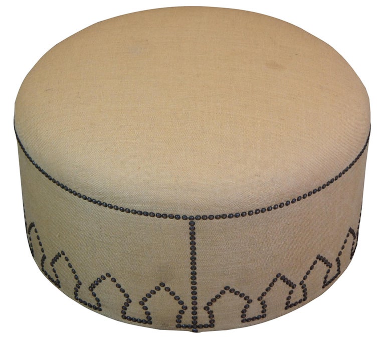 Morrocan Style Round Modern Burlap Nailhead Ottoman Foot Rest Stool ...