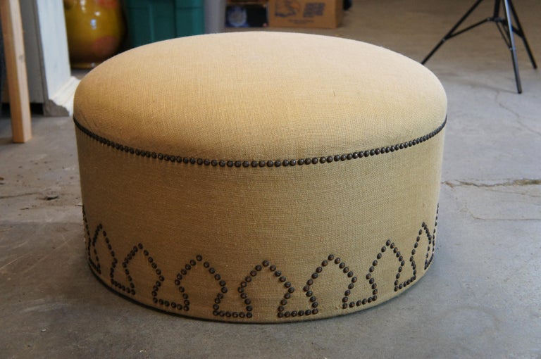 Morrocan Style Round Modern Burlap Nailhead Ottoman Foot Rest Stool ...