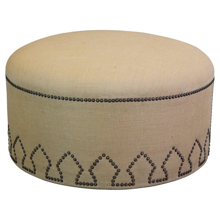 Morrocan Style Round Modern Burlap Nailhead Ottoman Foot Rest Stool ...