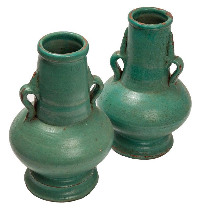 Morroccan Matte Green Ceramic Vase Pair For Sale at 1stDibs