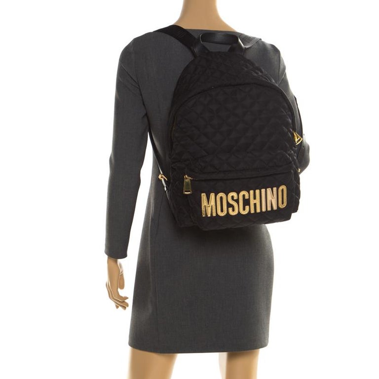 Moschino Black Quilted Nylon Large Logo Backpack For Sale at 1stDibs
