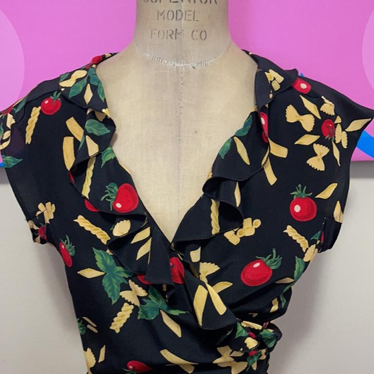 Moschino Black Silk Ruffle Wrap Tie Blouse Crop at 1stDibs | pasta blouse