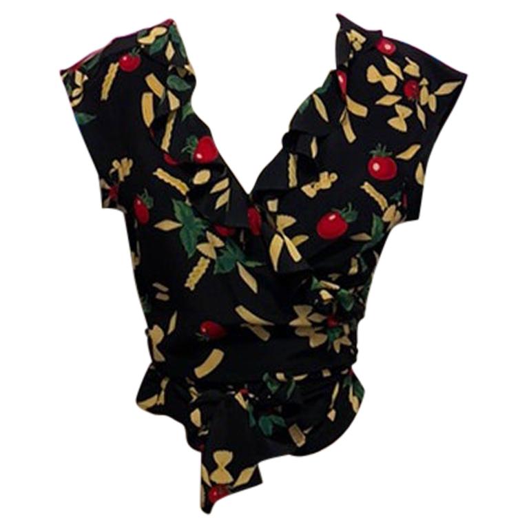 Moschino Black Silk Ruffle Wrap Tie Blouse Crop at 1stDibs