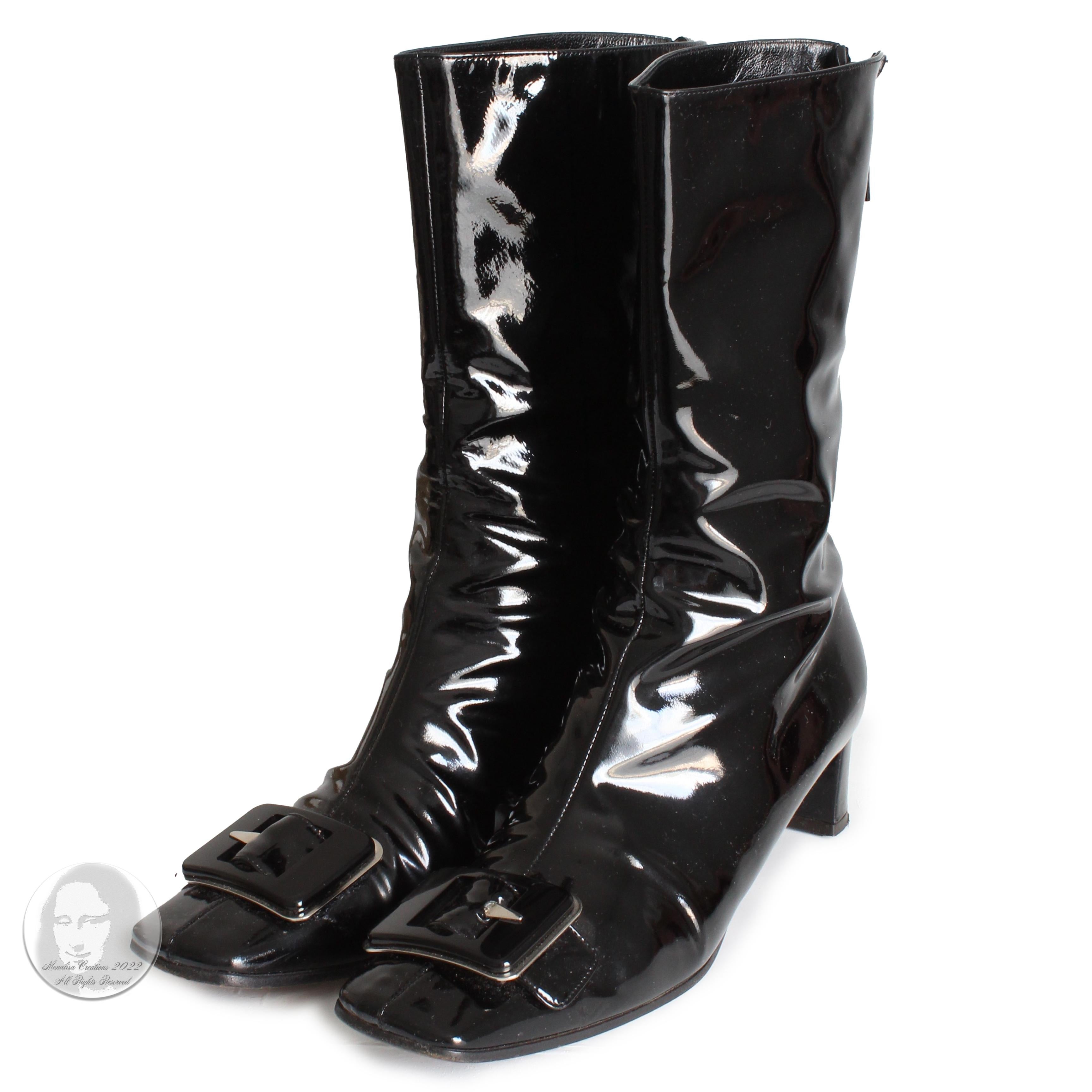 Moschino Boots Black Patent Leather Booties Square Heels Vintage Size 8 ...