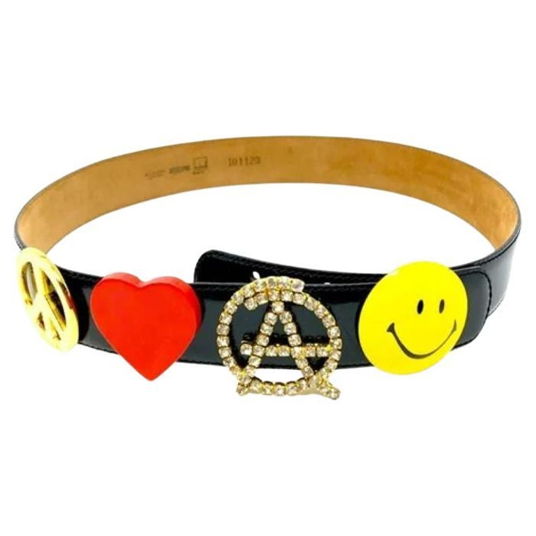 Moschino by Redwall Black Leather Belt Peace Smiley Face For Sale at ...
