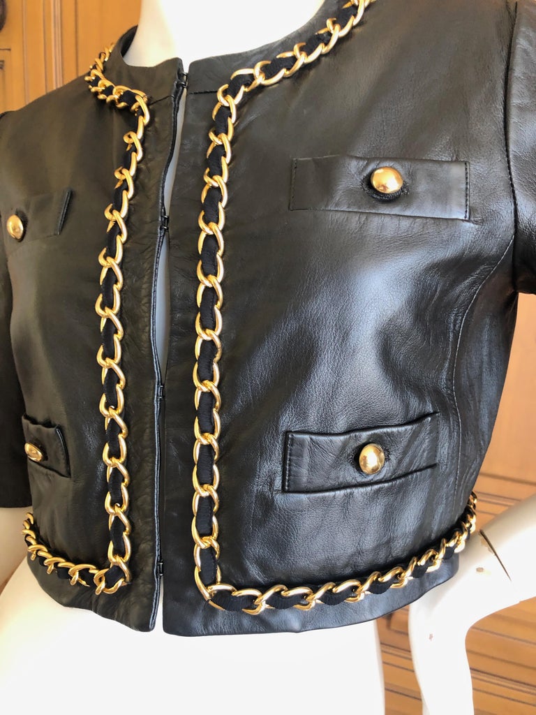 Moschino Cheap and Chic Vintage Cropped Black Lambskin Jacket with Gold ...