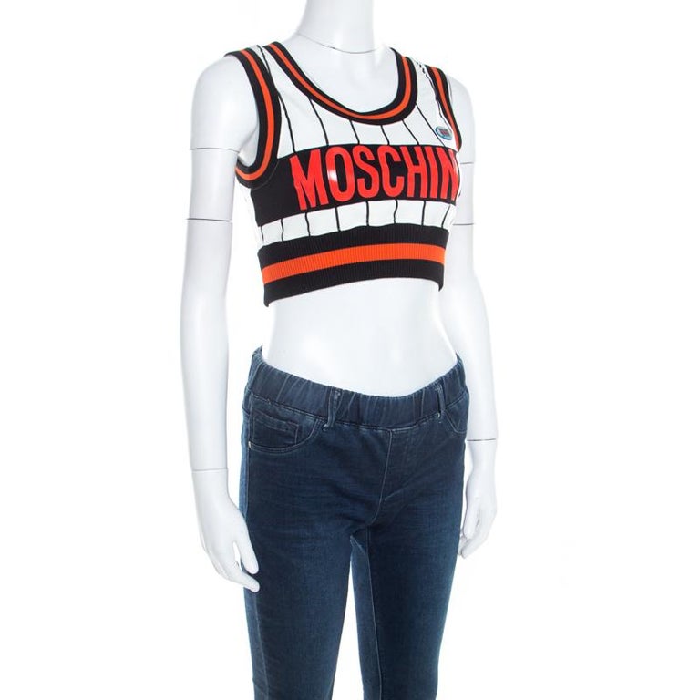 Moschino Couture Multicolor Striped Cotton Blend Ribbed Trim Crop Top S ...