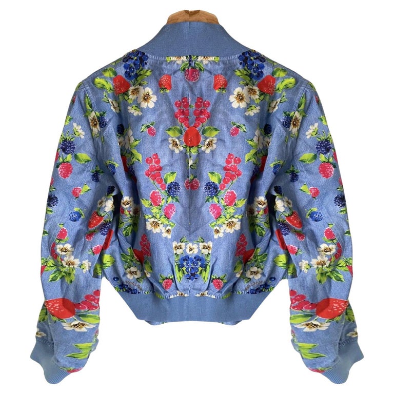 Moschino Denim Feel Fruit Print Blue Bomber Jacket For Sale at 1stDibs