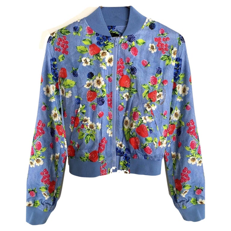 Moschino Denim Feel Fruit Print Blue Bomber Jacket For Sale at 1stDibs