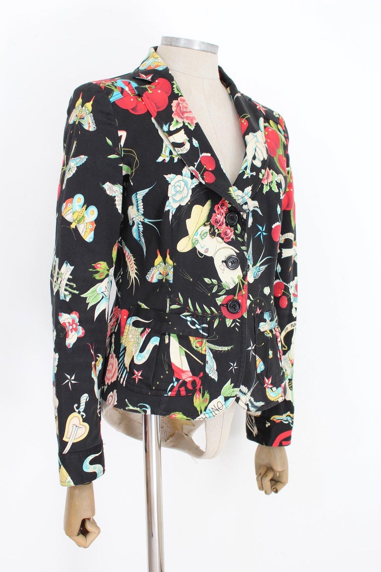 Moschino Illustrated Jacket Birds Flowers Cherries 2000s at 1stDibs